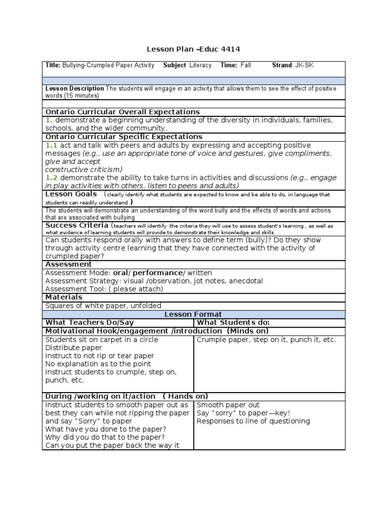 Crumpled Paper Bullying Lesson Plan | PDF | Educational Assessment ...