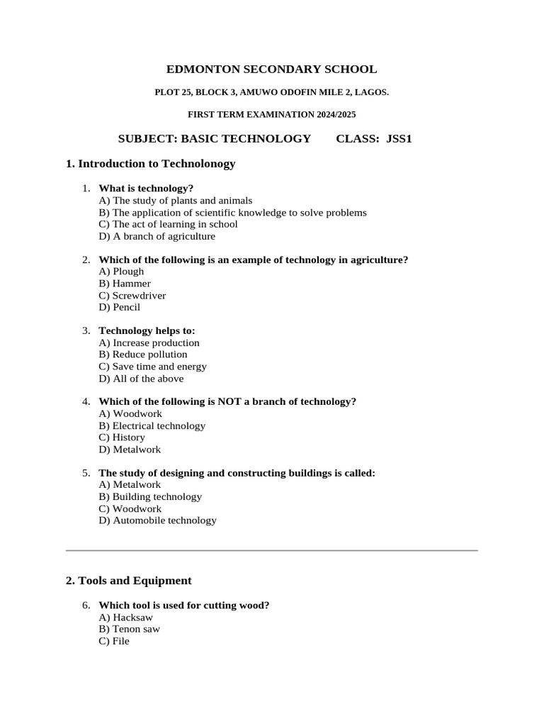 jss1 Basic Tech (AutoRecovered) | PDF | Metals | Tools