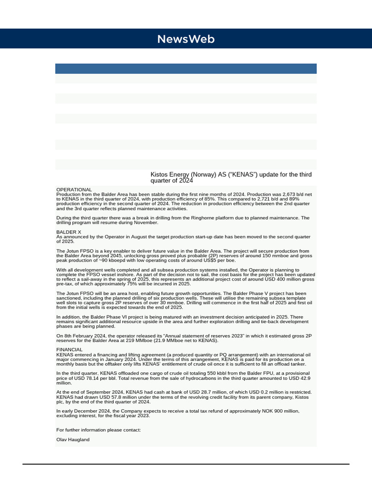 Kistos Energy (Norway) AS (“KENAS”) update for the third quarter of ...