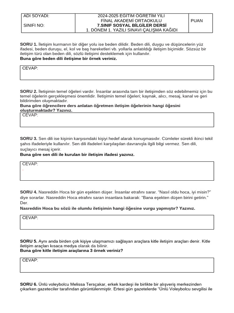 Sinif Sinav Çalişma Kağidi | PDF