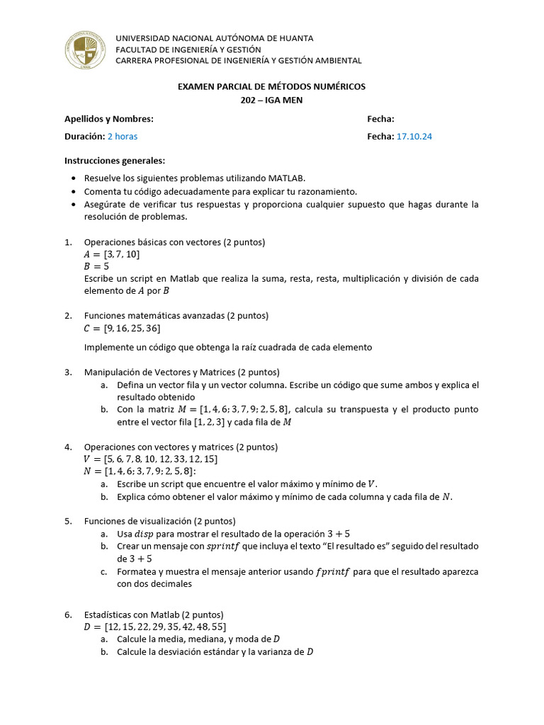 Examen Parcial de Métodos Numéricos | PDF | Matriz (Matemáticas) | Análisis numérico