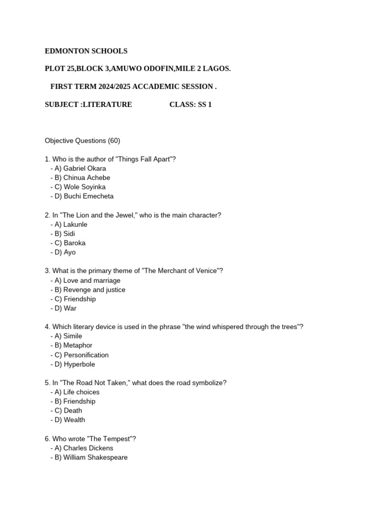 Ss1 Literature in English | PDF | Poetry | Othello