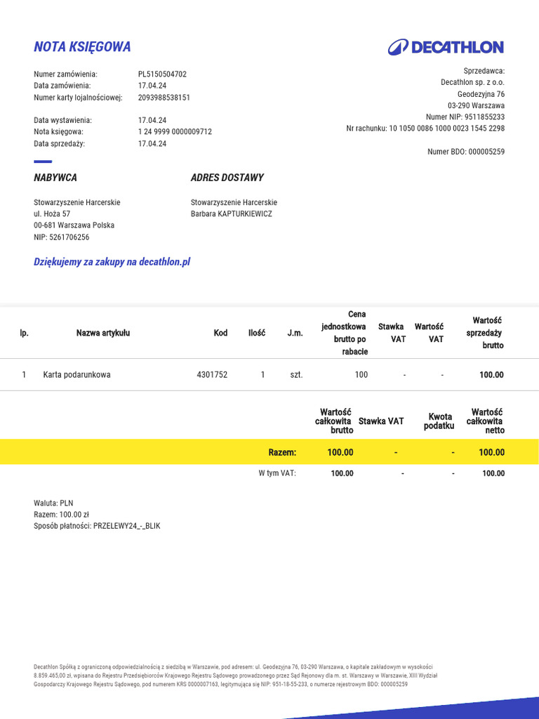 Decathlon Invoice 12499990000009712 | PDF