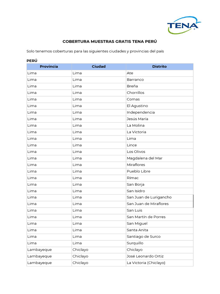 Peru - Cobertura Muestras Gratis TENA | PDF | Lima