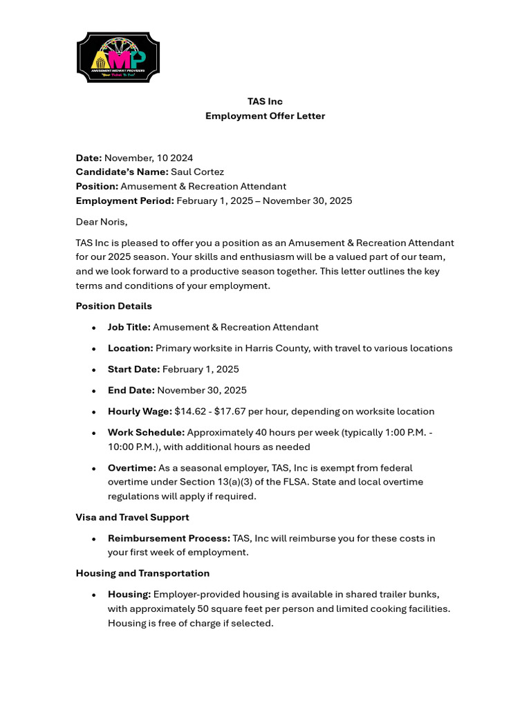 Offer Letter - Saul Cortez | PDF | Overtime | Employment