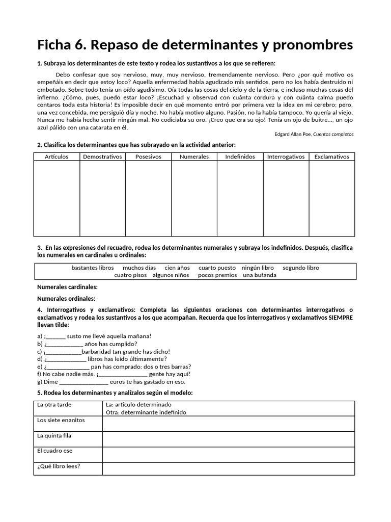 Ficha de determinantes y pronombres 6º | PDF | Mecánica del lenguaje ...