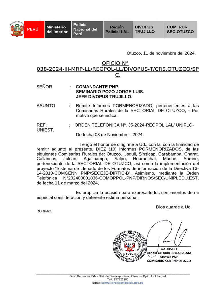 Oficio #13 - 24 - Remite Informes Permenorizado de La Sectorial de Otuzco | PDF | Perú