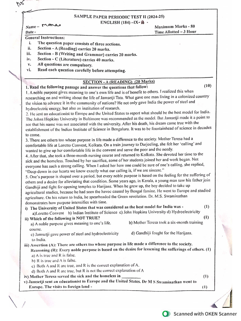 Sample Paper of English | PDF