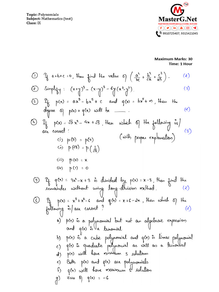 Polynomials Test - 210624 | PDF