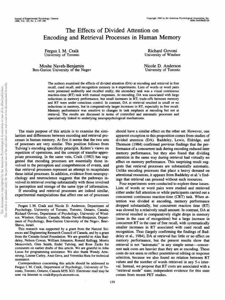 The Effects of Divided Attention on Encoding and Retrieval Processes in Human Memory | PDF ...