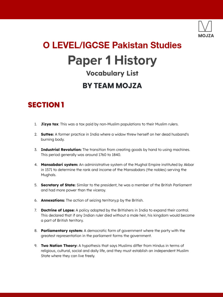 OL History Vocabulary List | PDF | Two Nation Theory | Pakistan