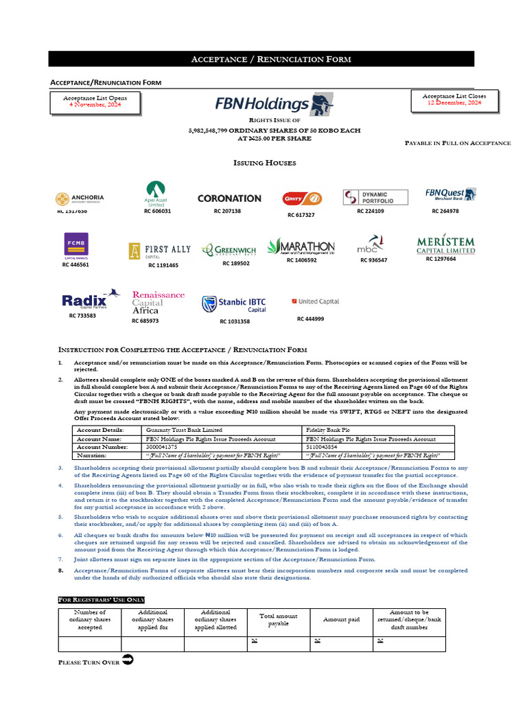 FBNH Rights Issue Application Form | PDF | Cheque | Banks