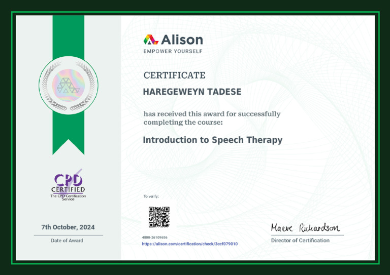 Alison Certificate Introduction to Speech Therapy (1) | PDF
