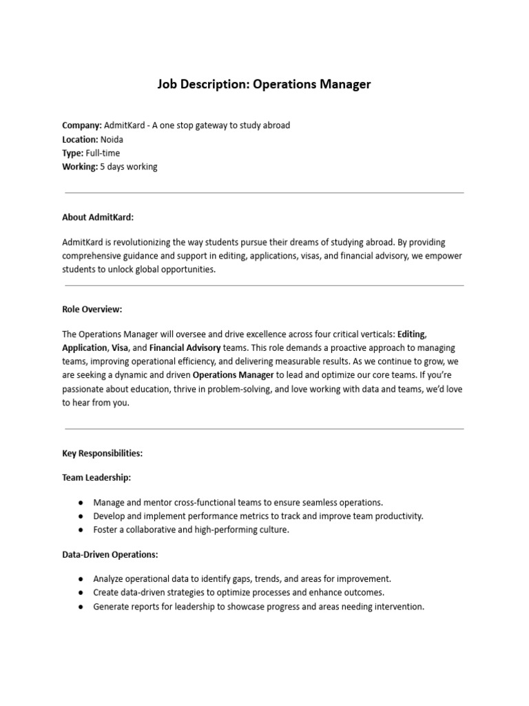 JD - Operations Manager | PDF