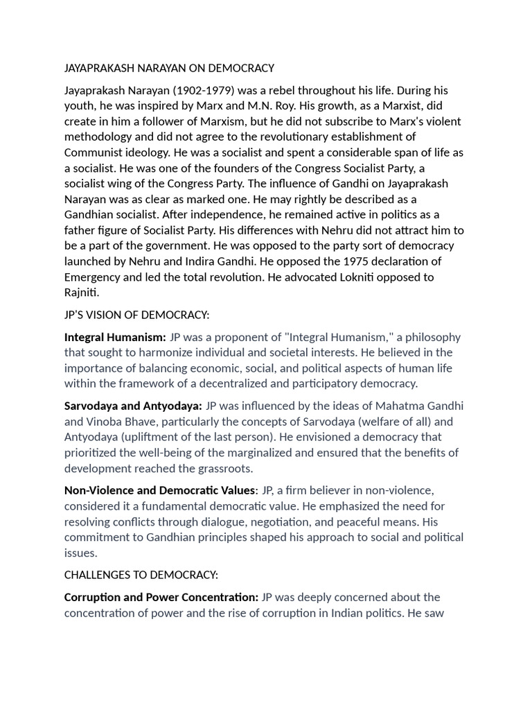 Jayaprakash Narayan On Democracy | PDF | Socialism | Democracy