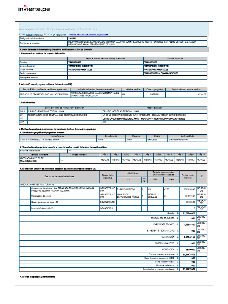 Formato N°08-A Registros en La Fase de Ejecución DE CARRETERA JU 100 ...