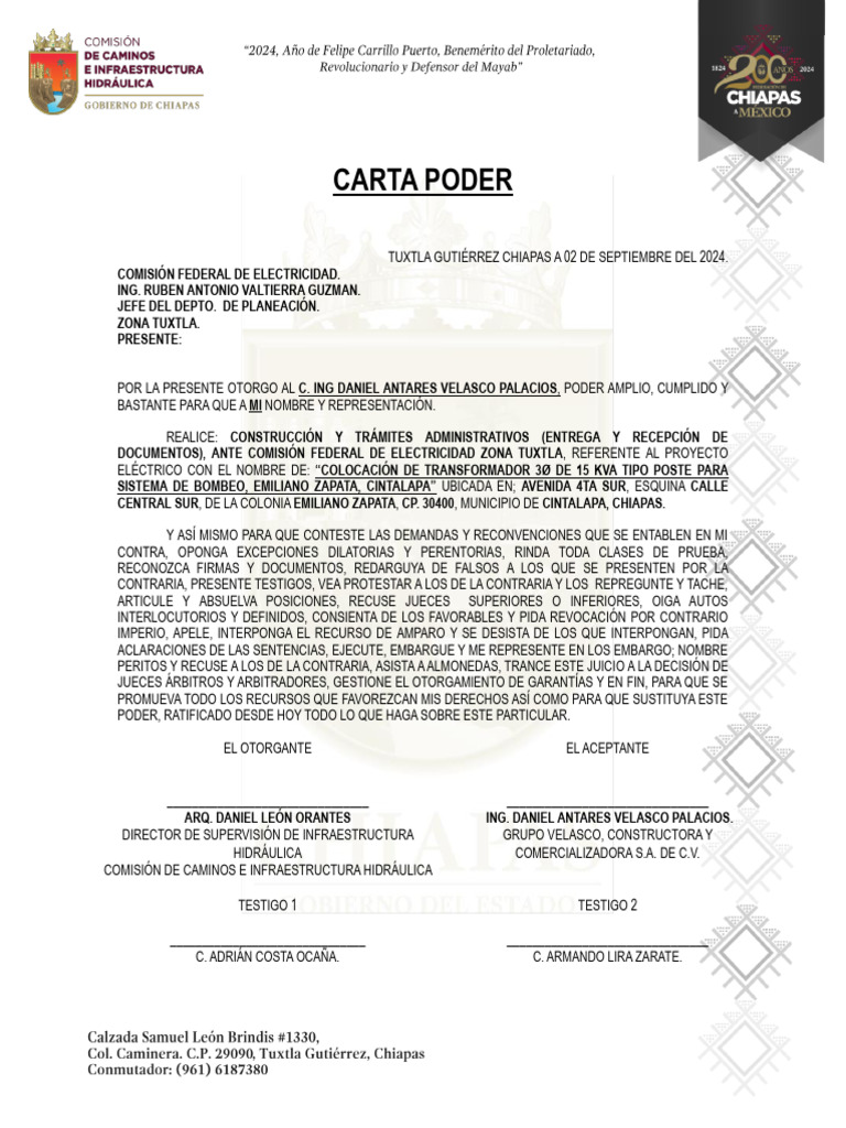Carta Poder Emiliano Zapata - Cfe | PDF