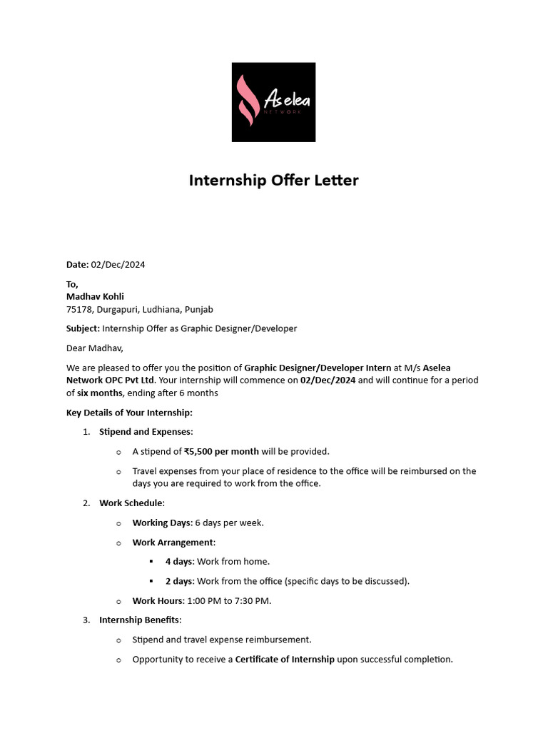 Internship Offer for Graphic Designer | PDF