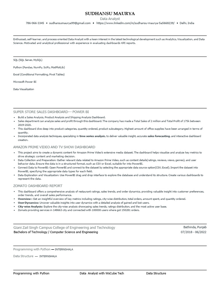 Sudhansu Resume | PDF | Data Analysis | Data