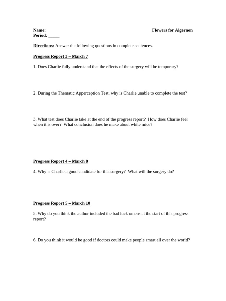 Flowers for Algernon 8R Questions | PDF