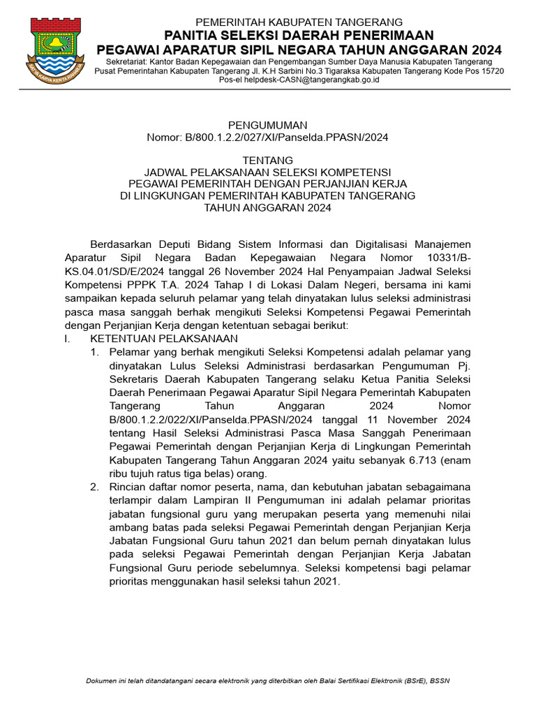 Jadwal Seleksi Kompetensi Pppk Pemkab Tangerang Ta 2024 | PDF