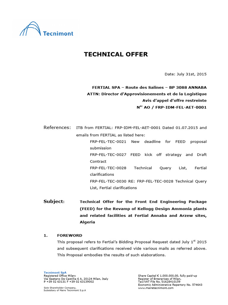 Fertial Annaba Ammonia Revamp FEED Proposal | PDF | Kbr (Company ...