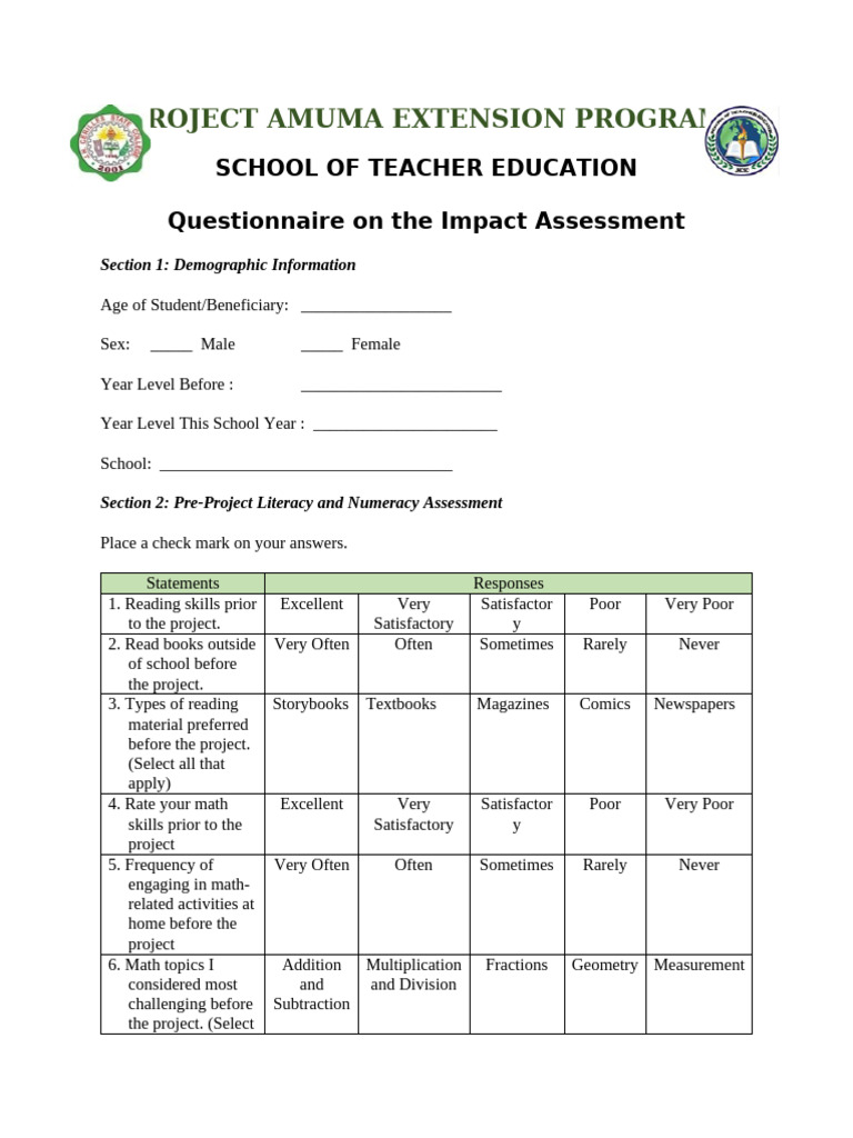 3-Questionnaire On The Impact Assessment of A Project On Numeracy and ...