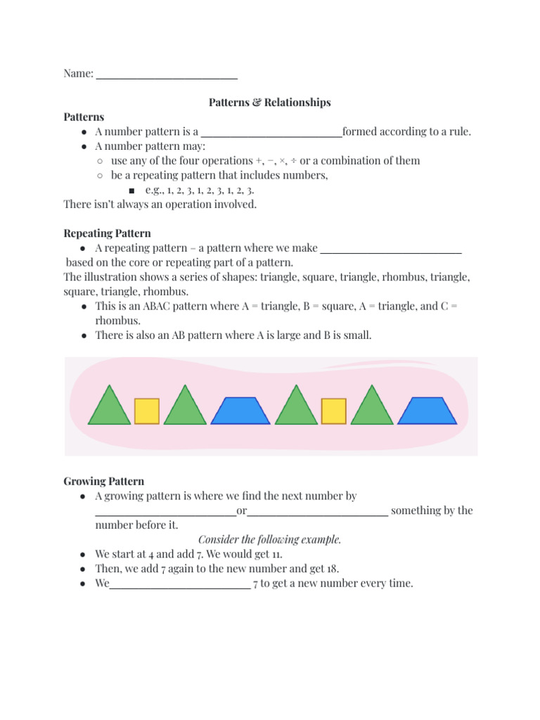 Lesson One Patterns & Relationships- Fill in Blank | PDF | Shape ...