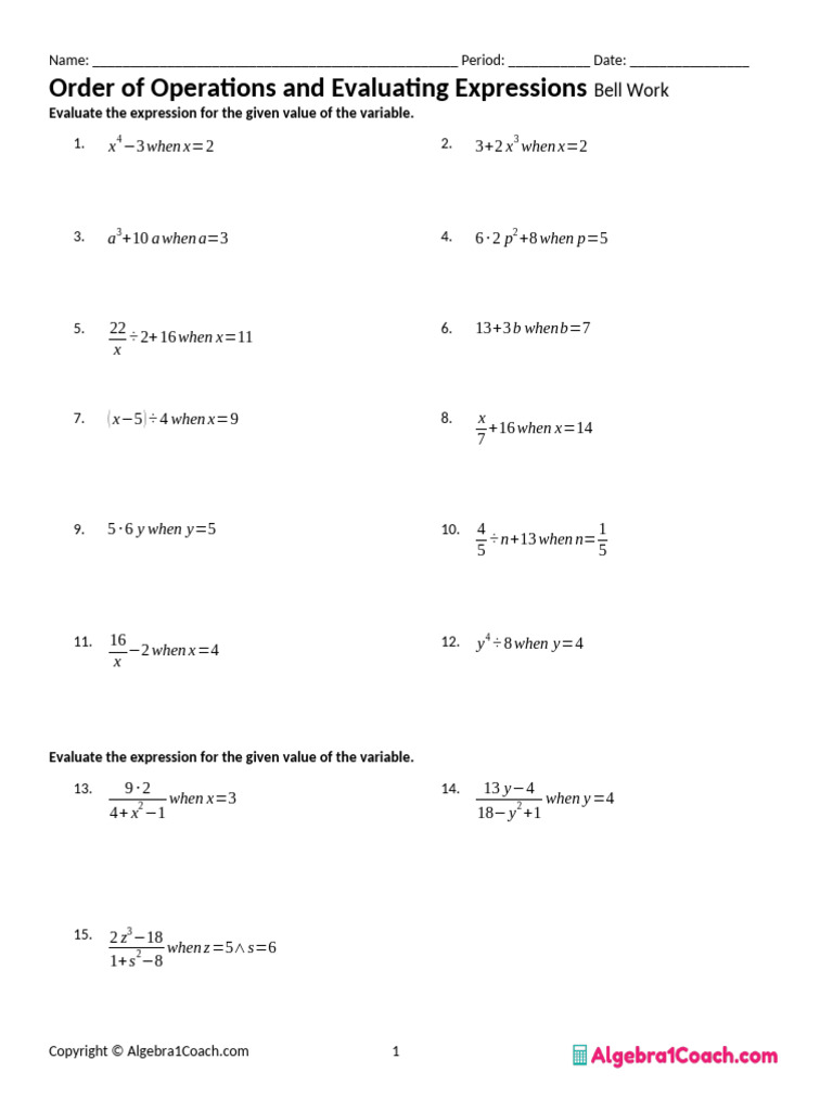 1 2 Bell Work Order of Operations and Evaluating Expressions | PDF ...