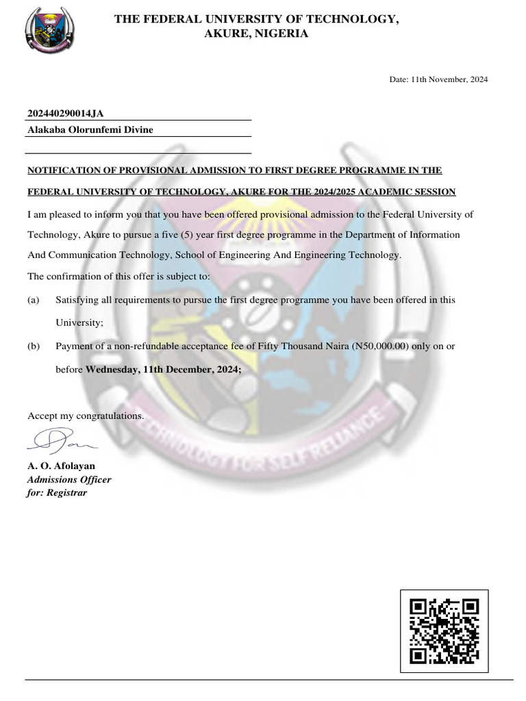 Alakaba Olorunfemi Divine Admission Letter | PDF