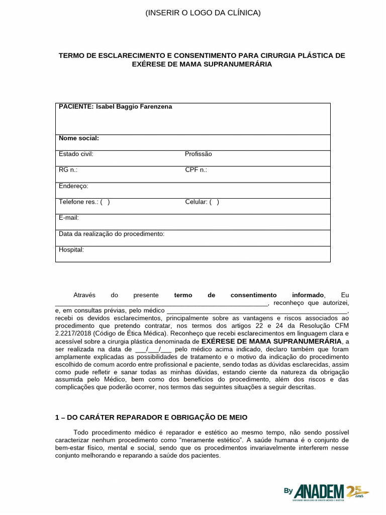Consentimento para Exérese de Mama Supranumerária | PDF | Seio | Cirurgia