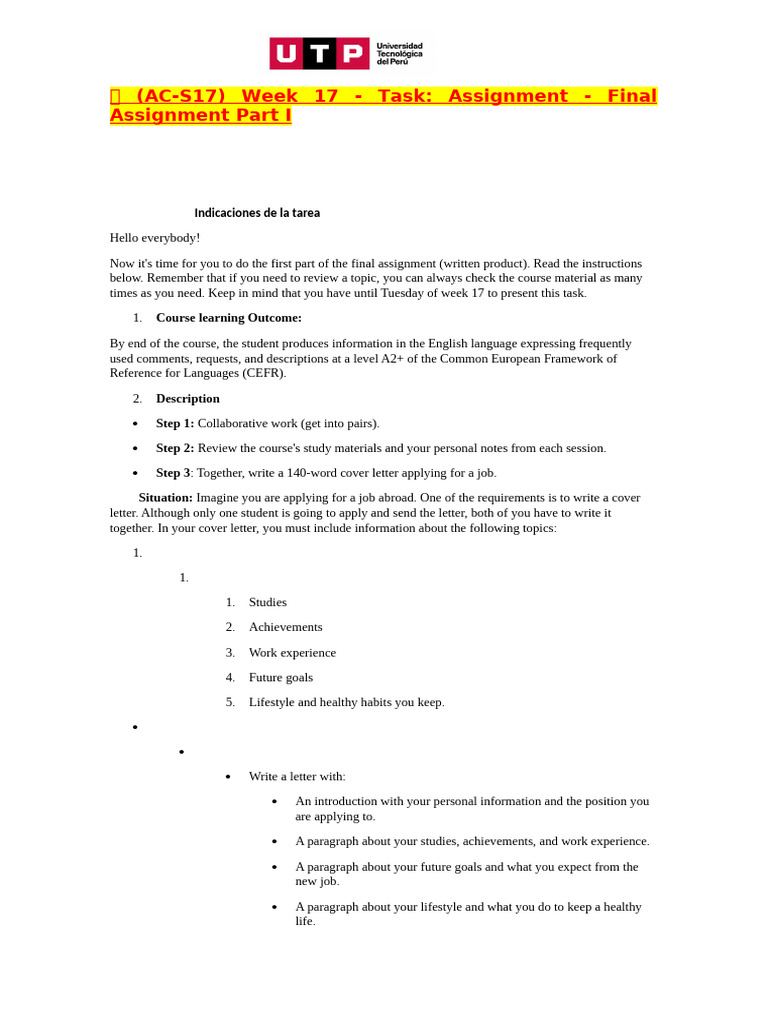 ? (AC-S17) Week 17 - Task Assignment - Final Assignment Part I - INGLES 4 | PDF