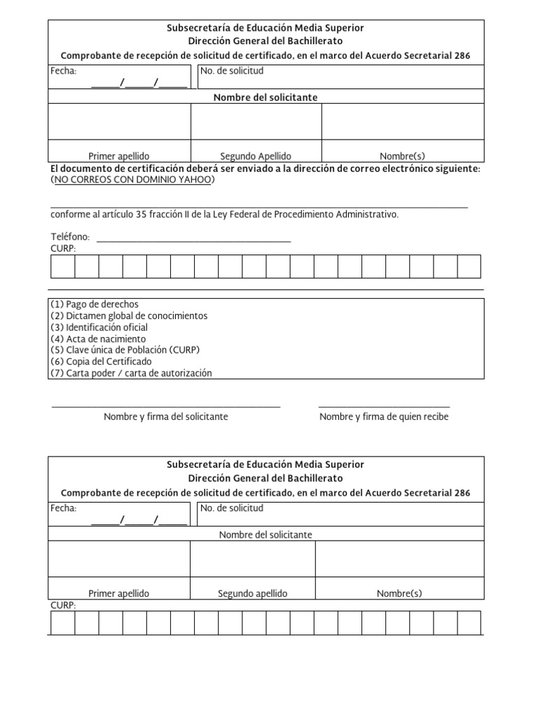 Solicitud de Certificado Acuerdo 286 | PDF