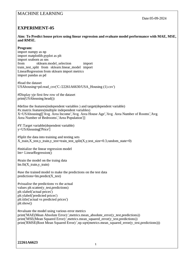 ml exp-5,6 (1)[1] (1) | PDF | Mean Squared Error | Regression Analysis