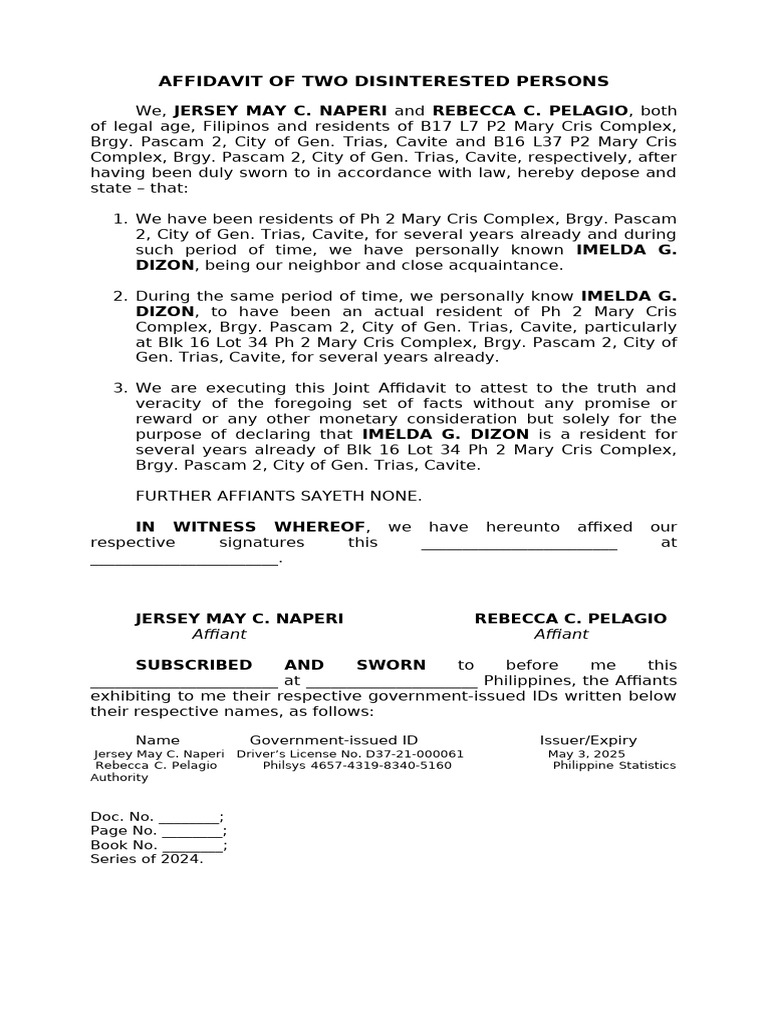 Affidavit of Two Disinterested Persons Buyer Is Resident | PDF ...