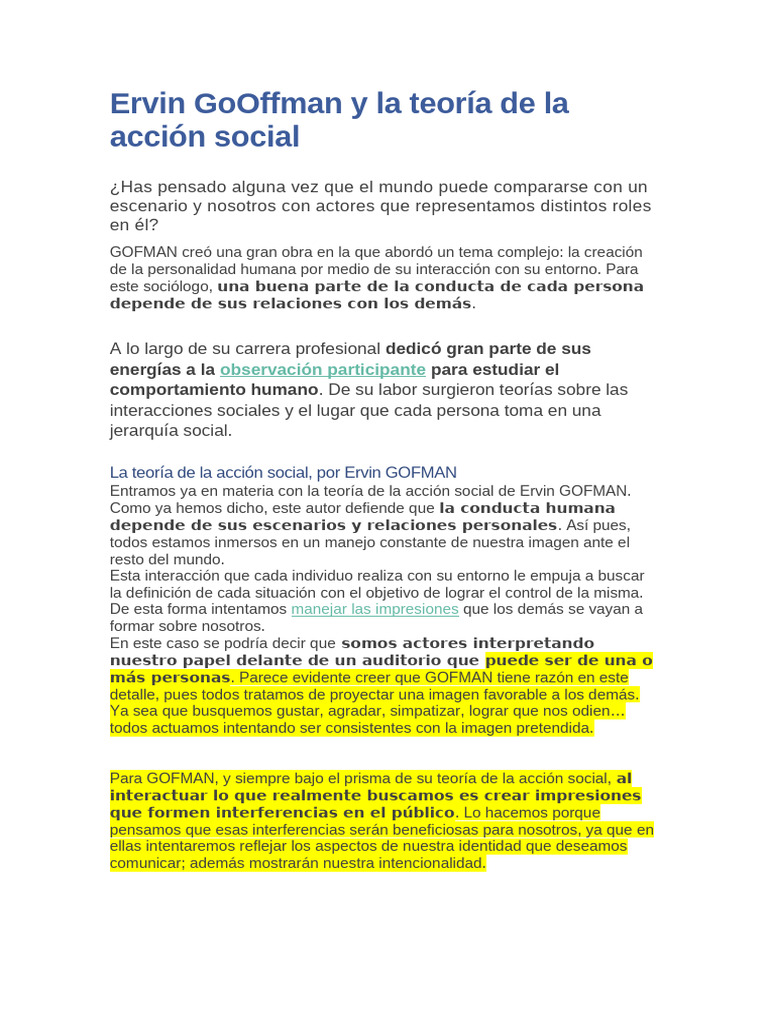 Teoría de la acción social de Goffman | PDF | Sociología | Teoría