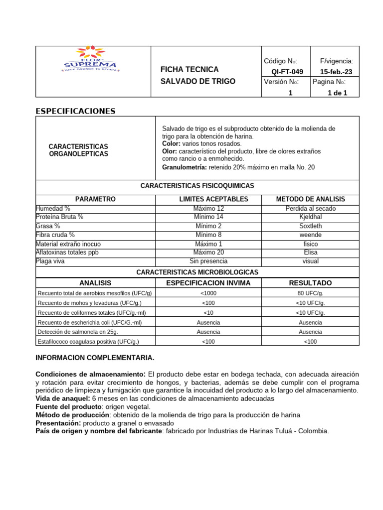 Ficha Tecnica Salvado de Trigo | PDF | Cereales | Alimentos basicos