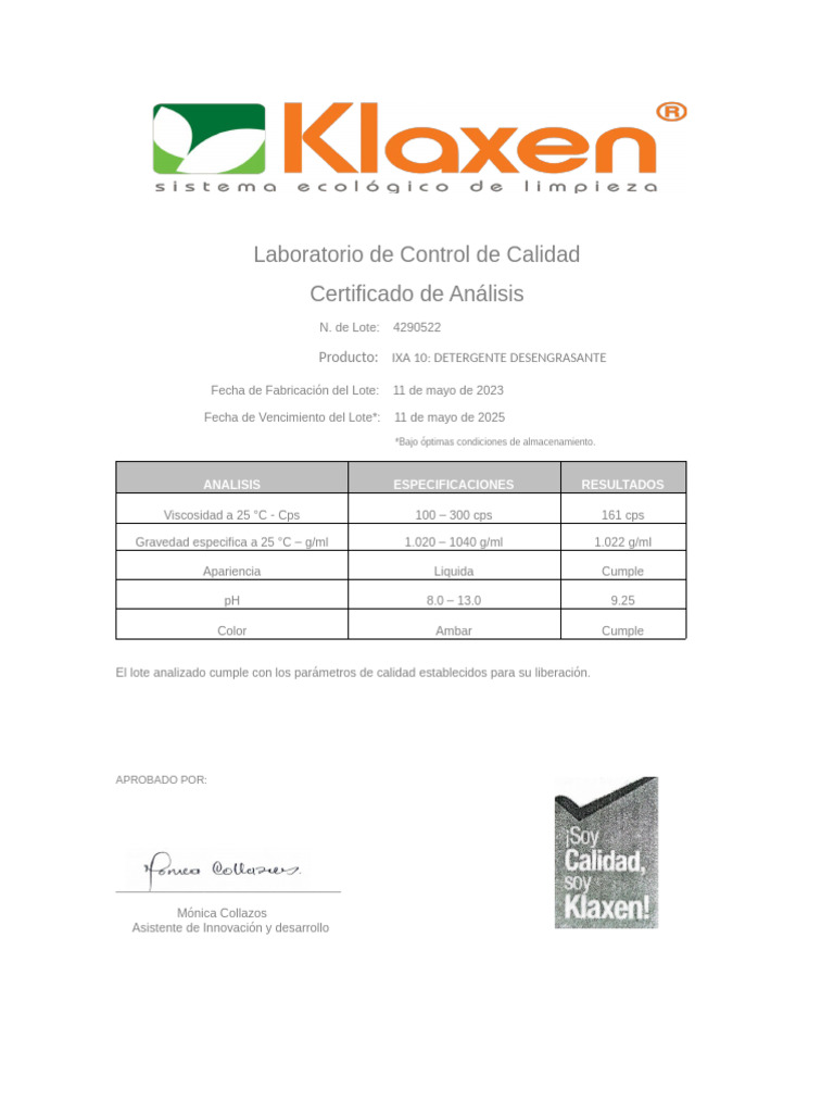 Certificado IXA 10 Detergente Desengrasante | PDF