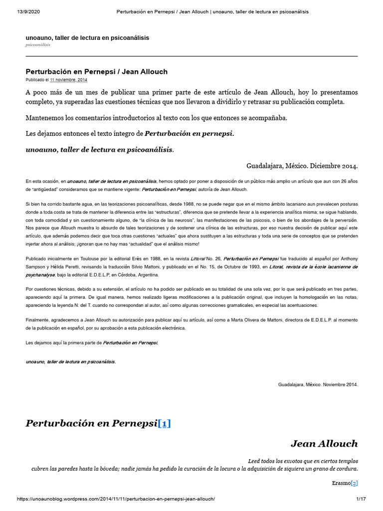 Perturbación en Pernepsi - Jean Allouch | PDF | Jacques Lacan | Psicoanálisis