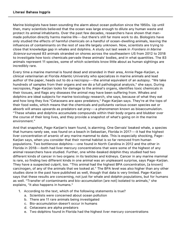SOAL - Literasi Bahasa Inggris SAINSIN | PDF | Dolphin | Marine Mammals