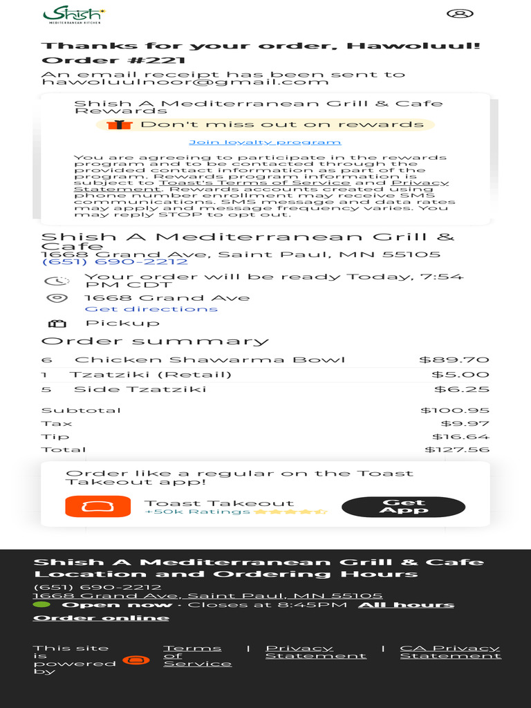Shish A Mediterranean Grill & Cafe Order Confirmation | PDF