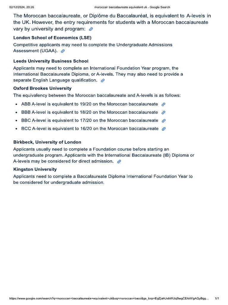 Moroccan Baccalaureat UK Equivalents | PDF