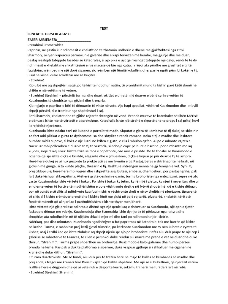 Test Lenda Letersi Klasa 11 Periudha e Pare | PDF