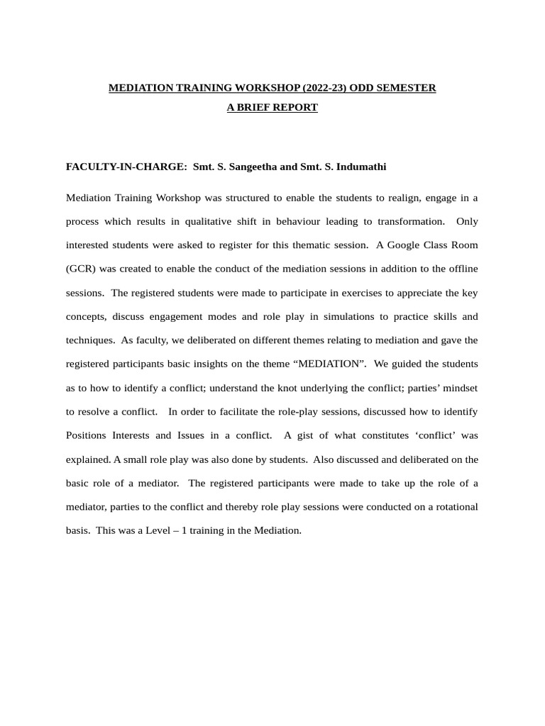 A Brief Report On Mediation Sessions | PDF