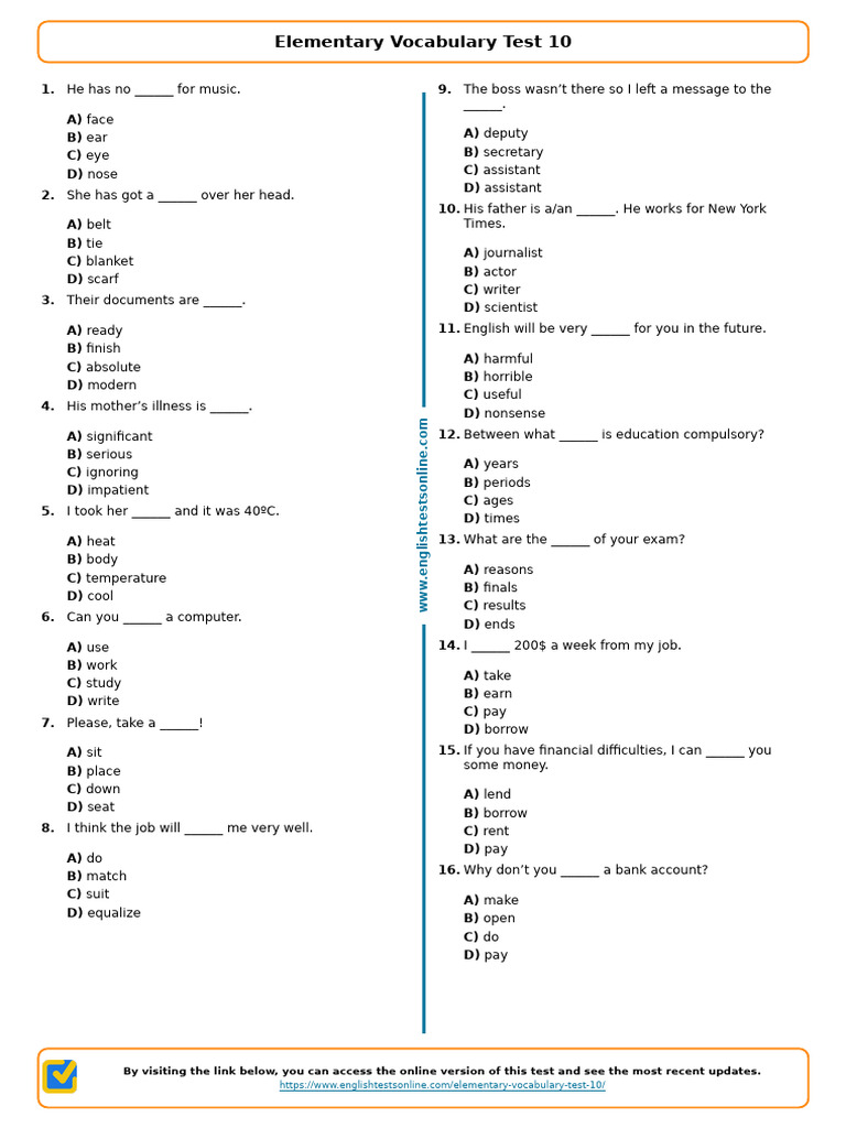 1623 Elementary Vocabulary Test 10 Englishtestsonline - Com 2 | PDF