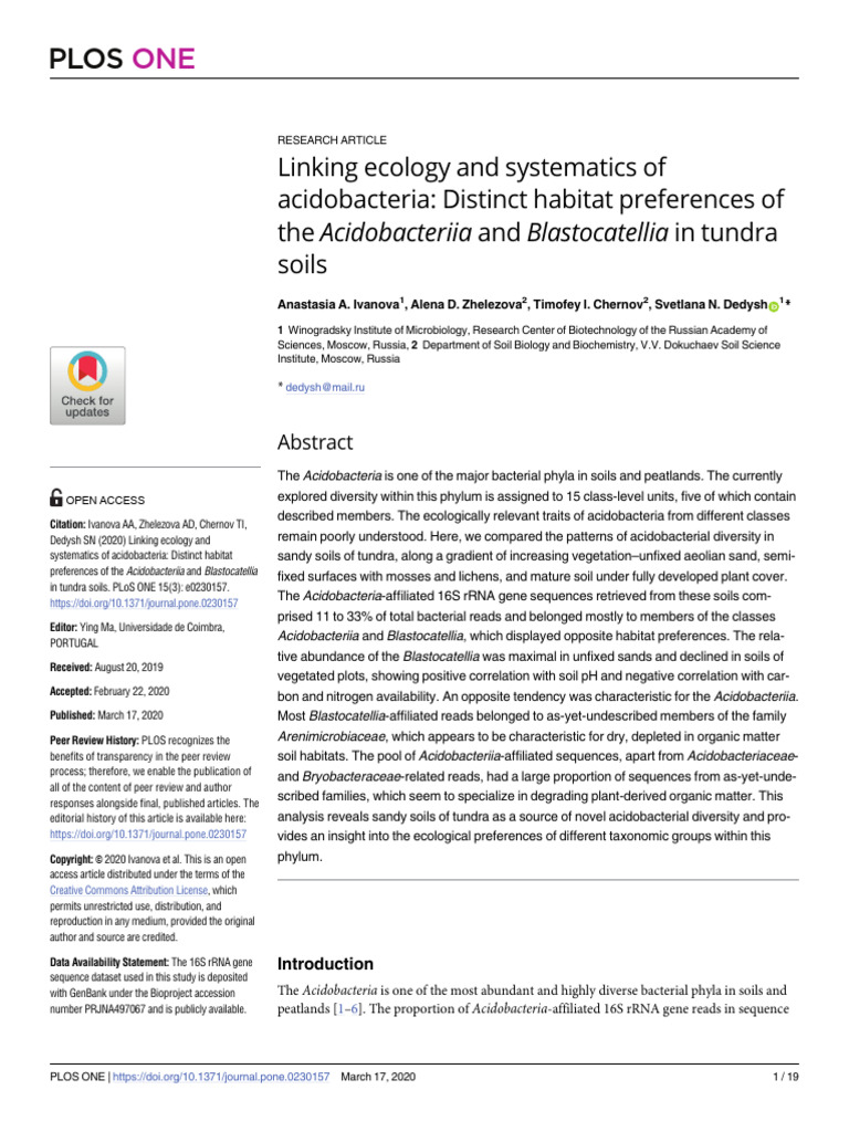 Linking ecology and systematics of acidobacteria: Distinct habitat ...