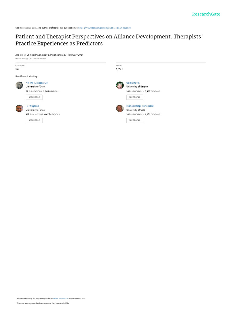 Patient and Therapist Perspectives On Alliance Development: Therapists ...
