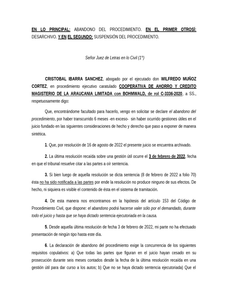 Abandono Wilfredo | PDF | Sentencia (ley) | Demanda judicial