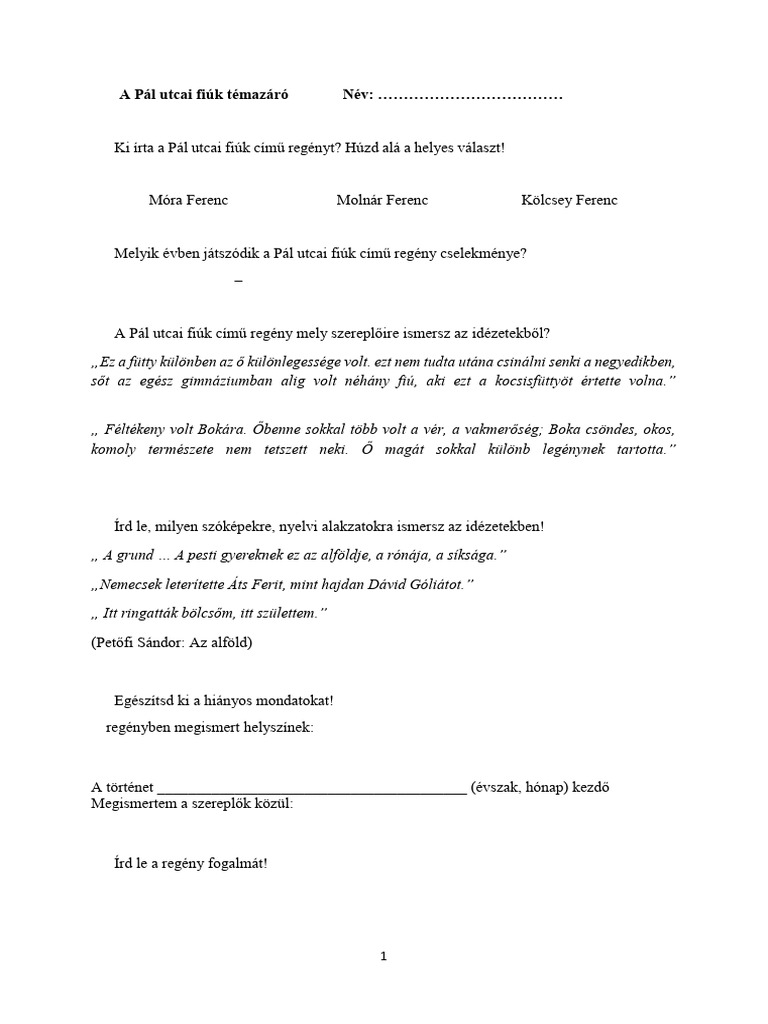 A Pál utcai fiúk témazáró A | PDF