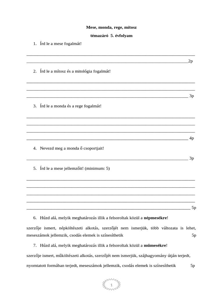 Mese Monda Mítosz Témazáró | PDF